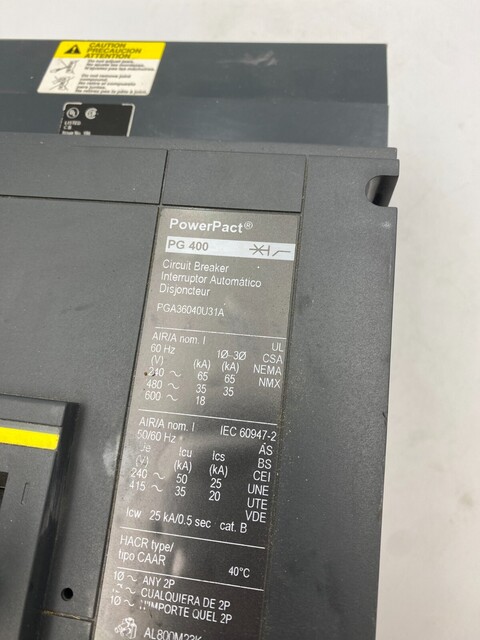 400 Amps, Square D, PGA36040U31A, PowerPact PG400, I-Line Circuit Breaker, 3P, 600 Volts 3 phase ...