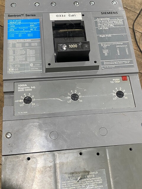 1200 Amps, Siemens, ND63F120, Feed-Thru Circuit Breaker, 3 Pole, 3 ...