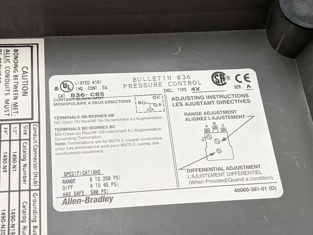 Allen Bradley, 836-C8S, Electro Mechanical Pressure Switch, 0 - 250 psi ...