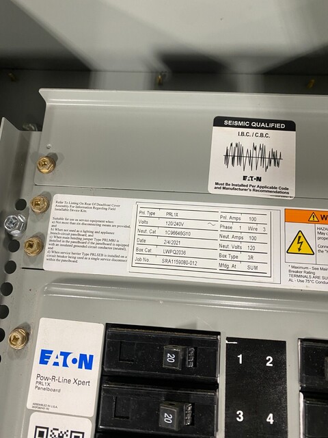 100 Amp. Eaton, PRL1X, Pow-R-Line Xpert Panelboard, 120/240 V, 1 phase ...