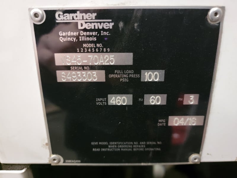 100 cfm, 308 psi, Gardner Denver #VS45-70A25, Variable Speed Rotary ...