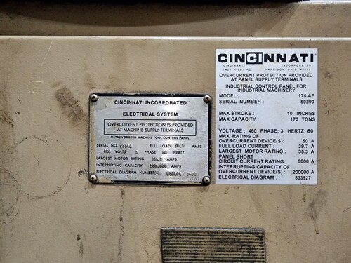 175 Ton, Cincinnati #175AFx10, CNC press brake, 12' overall, serial ...