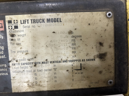 3000 lb. Hyster #S30XM, LPG forklift, 3 stage mast, 84" mast height, 48 ...