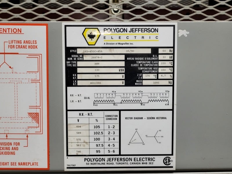 330 KVA 575 Primary, 460/266 Secondary, Polygon Jefferson Electric ...