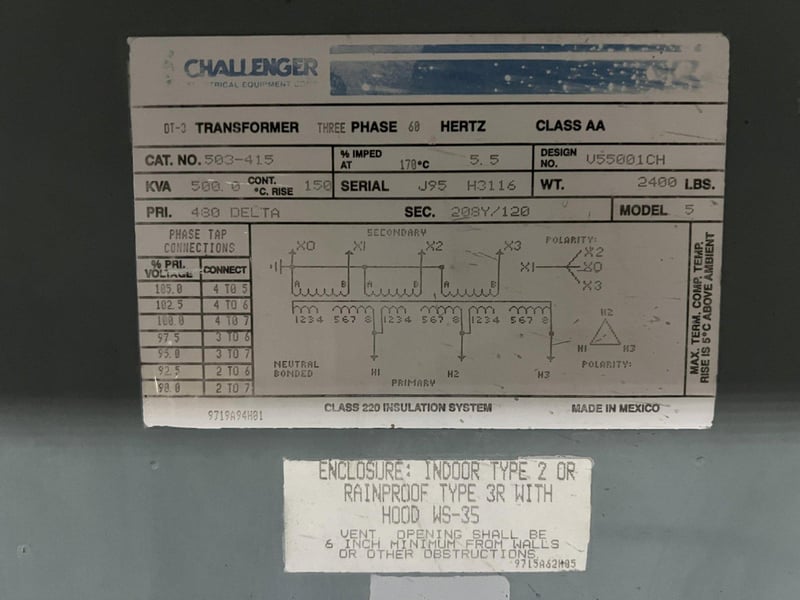 500 KVA 480 Delta Primary, 208Y/120 Secondary, Challenger #5 ...