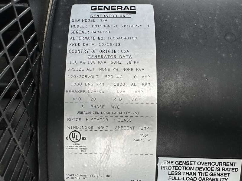 150 KW Generac #SD0150, diesel generator set, 120/208 Volts, 240 HP ...