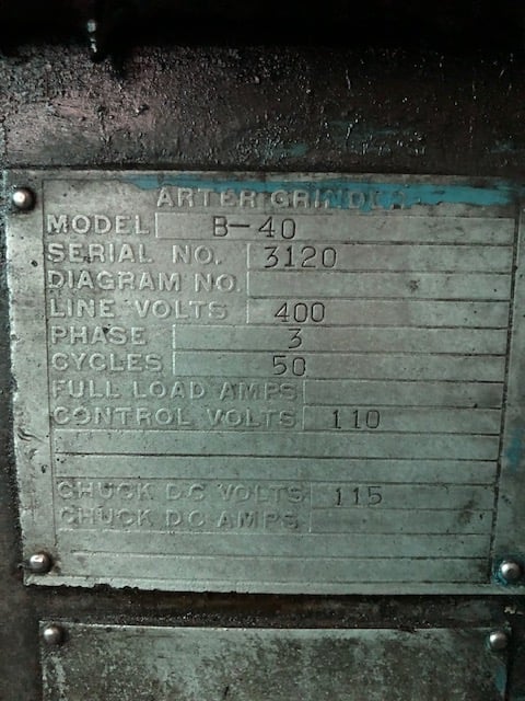 Arter #B40, hydraulic, 40" mag chuck, vari-speed, tilt table, 20" wheel ...