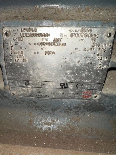 75 HP 1190 RPM Emerson, Fr. 445U, 460 Volts, Squirrel Cage, EOK for ...