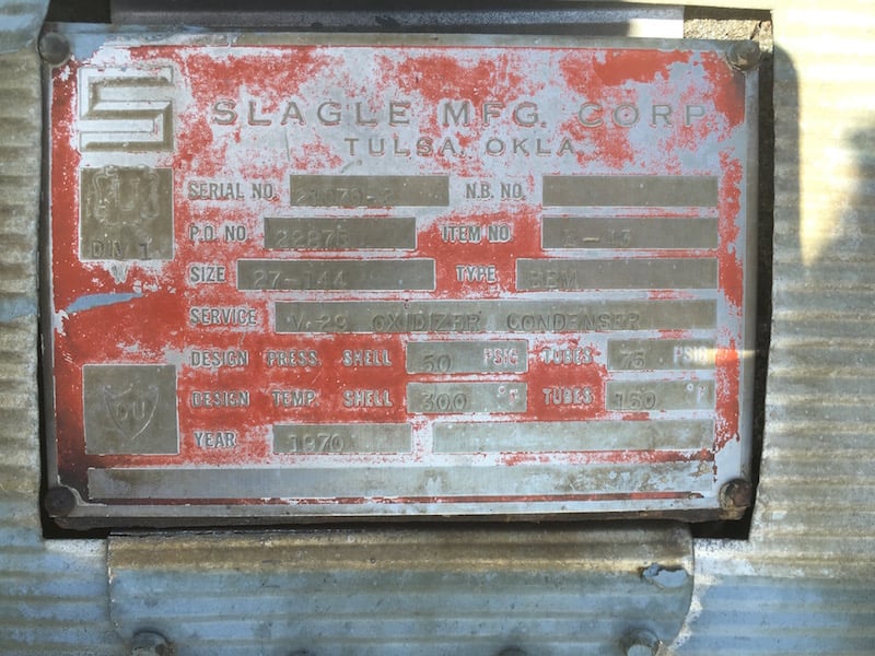 1370 sq.ft., 50 psi shell, 75 psi tube, Slagle, heat exchanger, 300°F ...