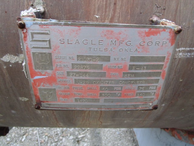 1370 sq.ft., 50 psi shell, 75 psi tube, Slagle, heat exchanger, 300°F ...