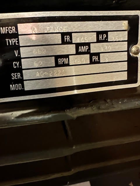 150 HP 1780 RPM Reliance, Frame 445T, 460 Volts, Squirrel Cage, Refurb ...