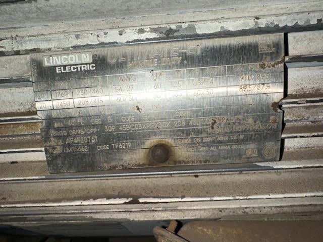 20 HP 1760/1450 RPM Lincoln Electric, Frame 256T, 230/460-208/415 Volts ...