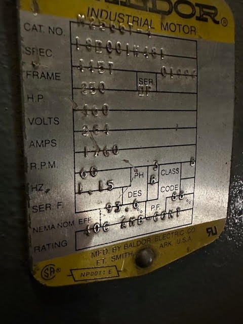 250 HP 1760 RPM Baldor, Frame 445T, 460 Volts, Squirrel Cage ...