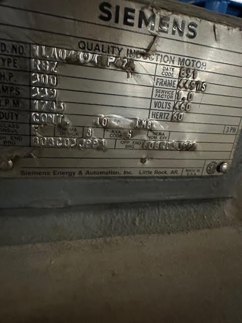 300 HP 1785 RPM Siemens, Frame 449TS, 460 Volts, Squirrel Cage ...