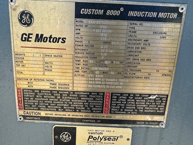 1250 HP 600 RPM General Electric, Frame 8511SU, TEAAC, SB, 575 Volts ...