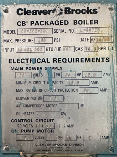 Cleaver Brooks #CB-200-250, Steam Boiler, Natural Gas/Oil, 150 psi, 460 ...