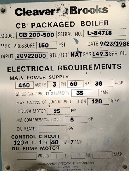 Cleaver Brooks #CB-200-500, Steam Boiler, Natural Gas/Oil, 150 psi, 460 ...