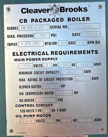 200 HP Cleaver-Brooks #CB700-200, Steam Boiler, Natural Gas, 150 psi ...
