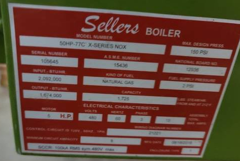 50 HP Sellers #50HP-77C-X-Series-NOX, Steam Boiler, 2092000 BTU/hr., 150 psi For Sale | Surplus ...