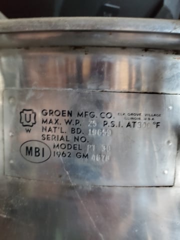 30 Gal. Groen #PT-30, Kettle, 25 PSI @ 300°F For Sale | Surplus Record