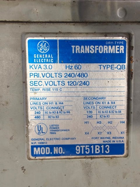 3 KVA 240/480 Primary, 120/240 Secondary, General Electric #9T51B13 ...