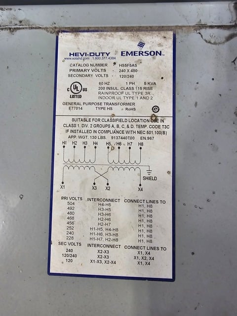 5 KVA 240/480 Primary, 120/240 Secondary, Emerson #HS5F5AS, Single ...