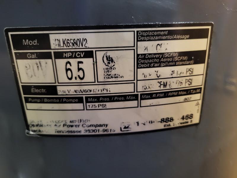 80 gallon Devilbiss Charge Air Pro, 6.5 HP Air Compressor, 175 psi For ...