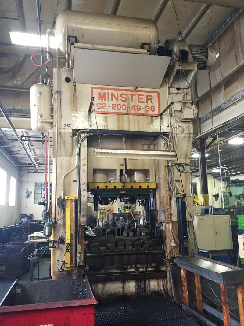 200 Ton, Minster #S2-200-48-36, 16" stroke, 36" Shut Height, 10" ram ...