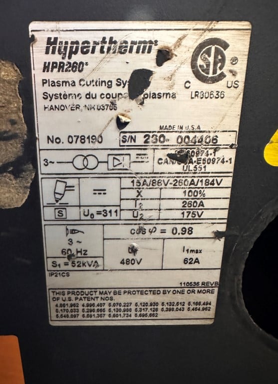Hypertherm #HPR260, plasma power supply, 480 V., 62 Amps. input for ...