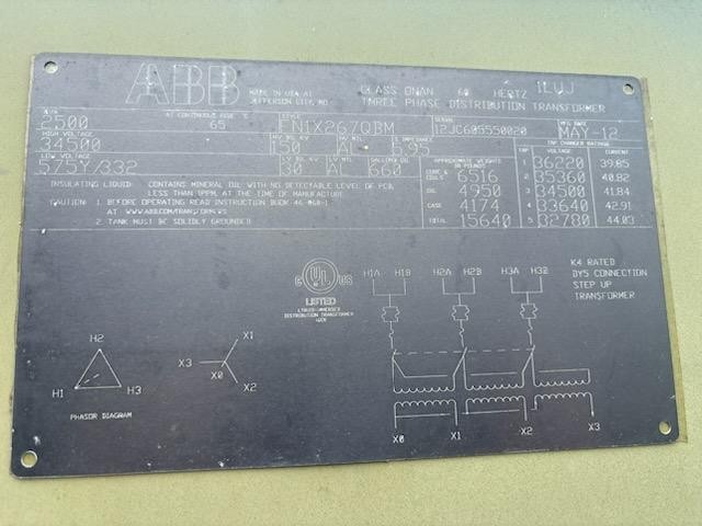 2500 KVA 34500 Primary, 575Y/332 Secondary, ABB, pad mount distribution ...