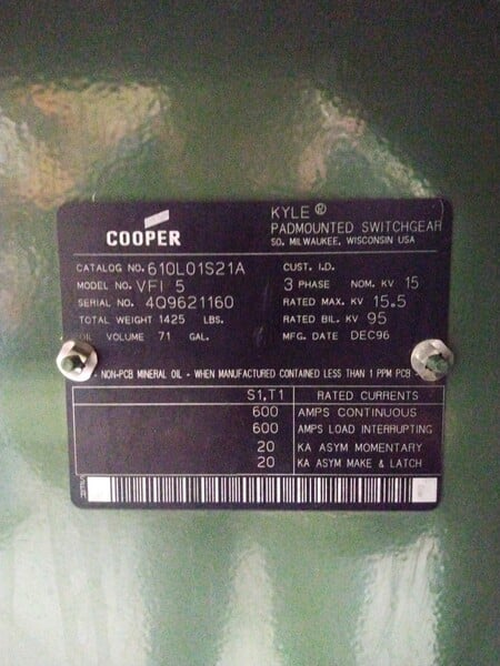 600 Amp, Cooper, 15.5 kV, Rated BIL 95 kV, VFI 5, 1996 (Cat. No ...