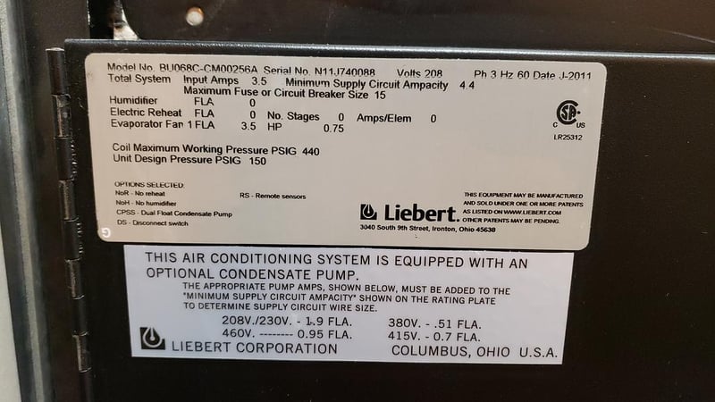 Liebert #BU068C-CM00256A, CRAC Chilled Water Upflow, 150 psig, 0.75 HP ...