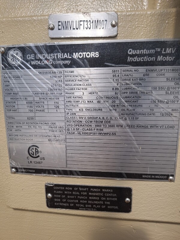 800 HP 3600 RPM General Electric, Frame 5810/11S, weather protected ...