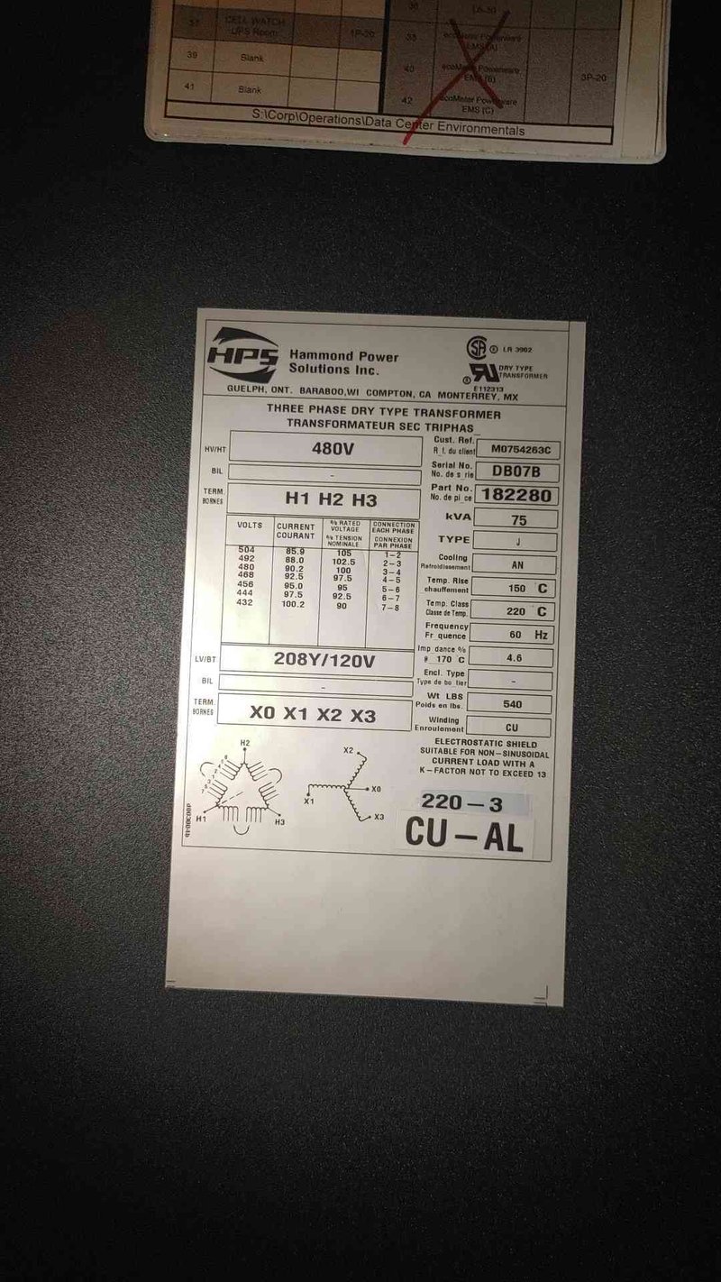 75 KVA Eaton, PDU Cabinet, w/Breaker Distribution Transformer, 3 phase ...