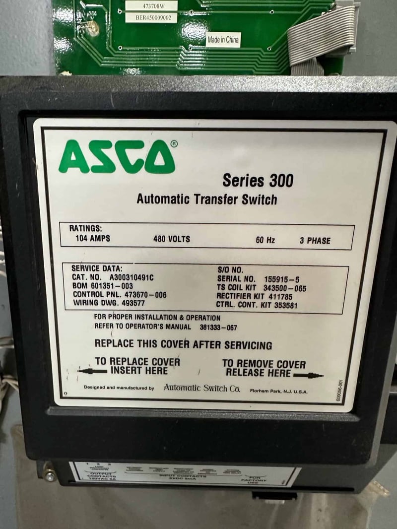 104 Amp. ASCO 300 Series, automatic transfer switch, 480 Volts, Nema 1 ...