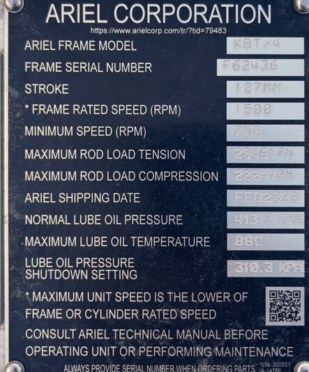 Ariel #KBT/4, Produced Gas Compressor, 2019 frame, 1500 RPM, 127mm ...