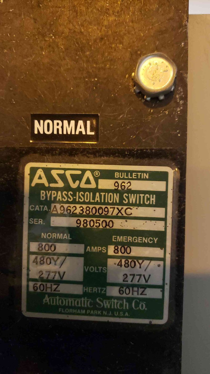 800 Amp. ASCO, automatic transfer switch Automatic Transfer Switch ...
