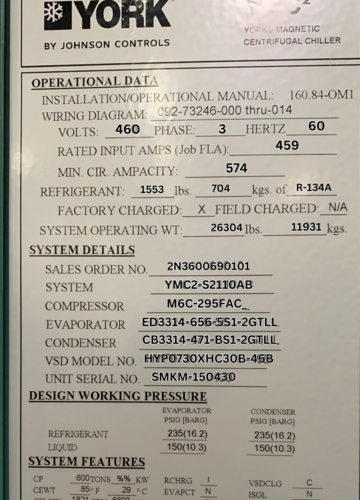 600 Ton, York #YMC2-S2110AB, Chiller, R-134a, 460V 3 PH 60 HZ Power ...