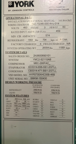 600 Ton, York #YMC2-S2110AB, Chiller, R-134a, 460V 3 PH 60 HZ Power ...