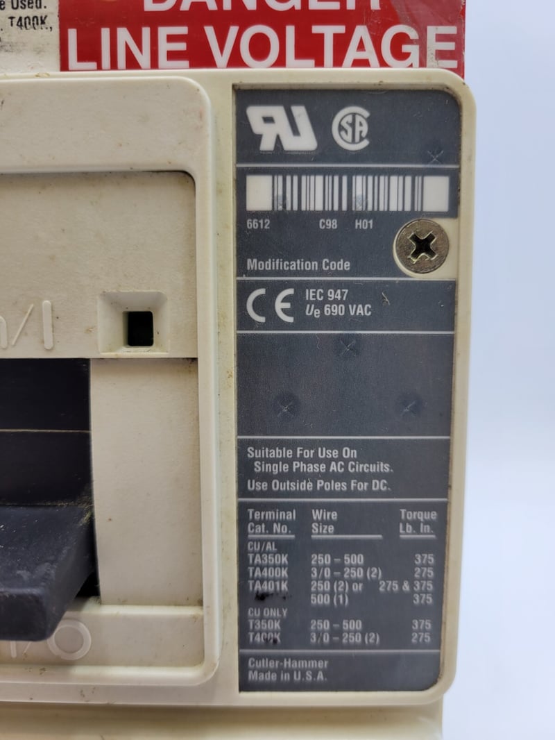 400 Amps, Cutler-Hammer, HMCP400X5, Feed-Thru Circuit Breaker, 600VAC ...