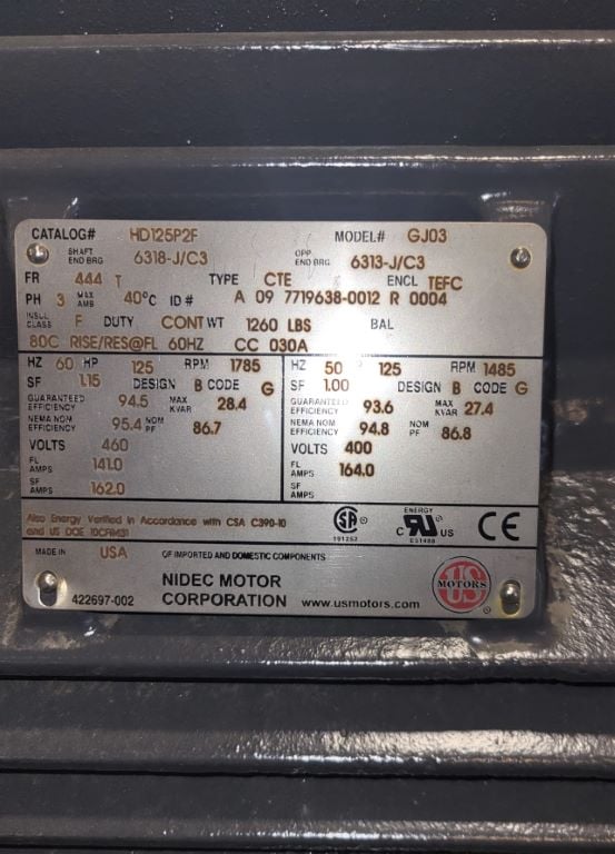 125 HP 1800 RPM Nidec U.S. Motors, Frame 444T, TEFC, 460 Volts, new ...
