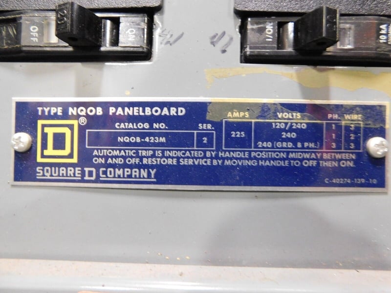 225 Amp. Square D, NQOB-423M, panelboard, 120/240 Volts, 1 phase, 4 ...