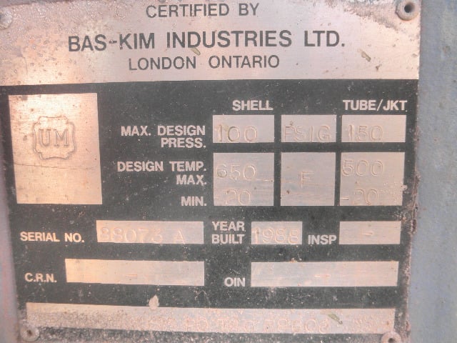 100 psi shell, 150 psi tube, Bas-Kim, Shell & Tube Heat Exchanger, 650 ...