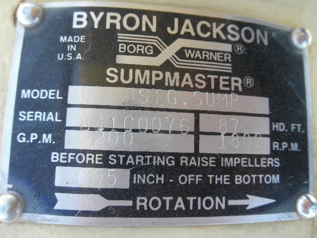 200 GPM @ 87' TDH, Byron-Jackson #8G, Submersible Vert. Turbine Pump, 3 ...