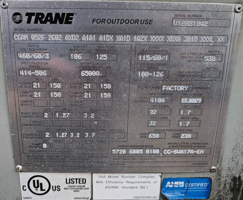 52 Ton, Trane #CGAM-052F, Air-Cooled Chiller, 200V/60HZ/3PH, Refrigerant Charge 410A for Sale ...
