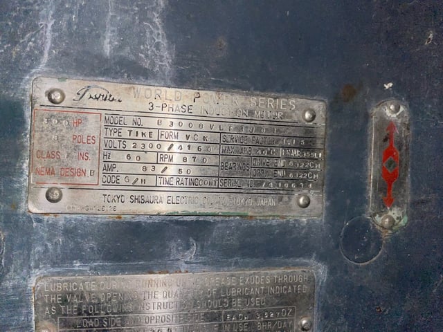300 HP 900 RPM Toshiba, Frame 355LL, Drip-Proof Ball Bearing, 2300/4160 ...