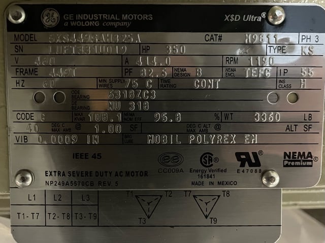 350 HP 1200 RPM General Electric, Frame 449T, TEFC BB, 460 Volts, New ...