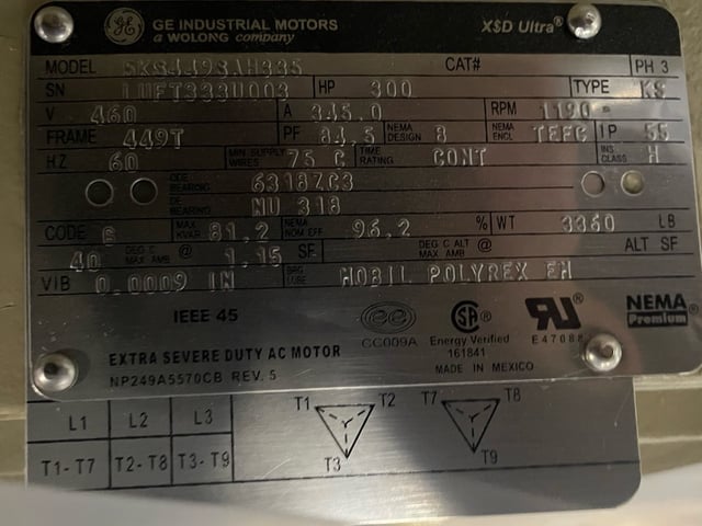 300 HP 1200 RPM General Electric, Frame 449T, TEFC BB, 460 Volts, New ...