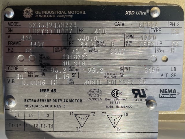 400 HP 1800 RPM General Electric, Frame 449T, TEFC BB, 460 Volts, New ...