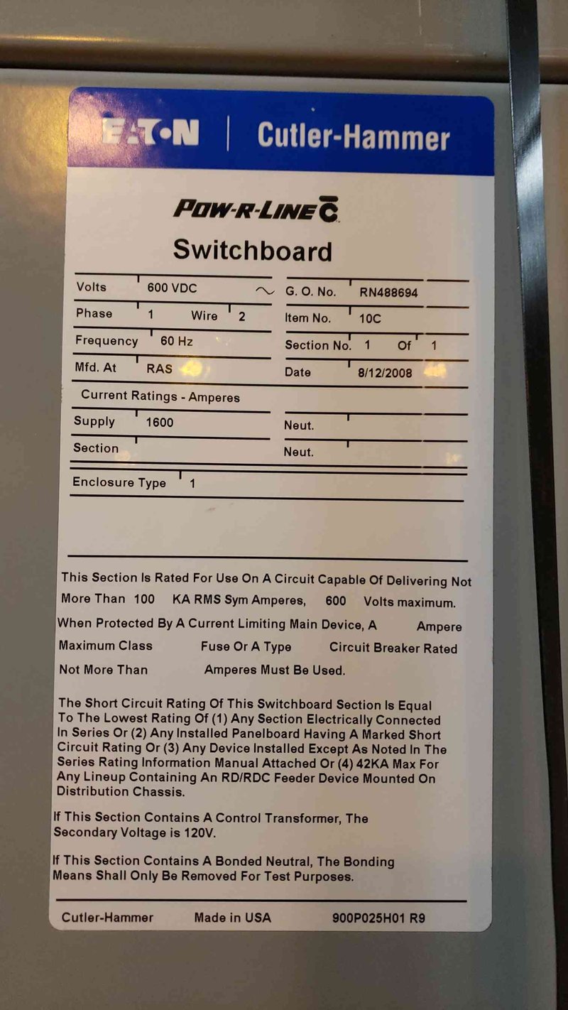 1600 Amps, Eaton Cutler-Hammer #Pow-R-Line, Switchboard, 1-phase, 2 ...